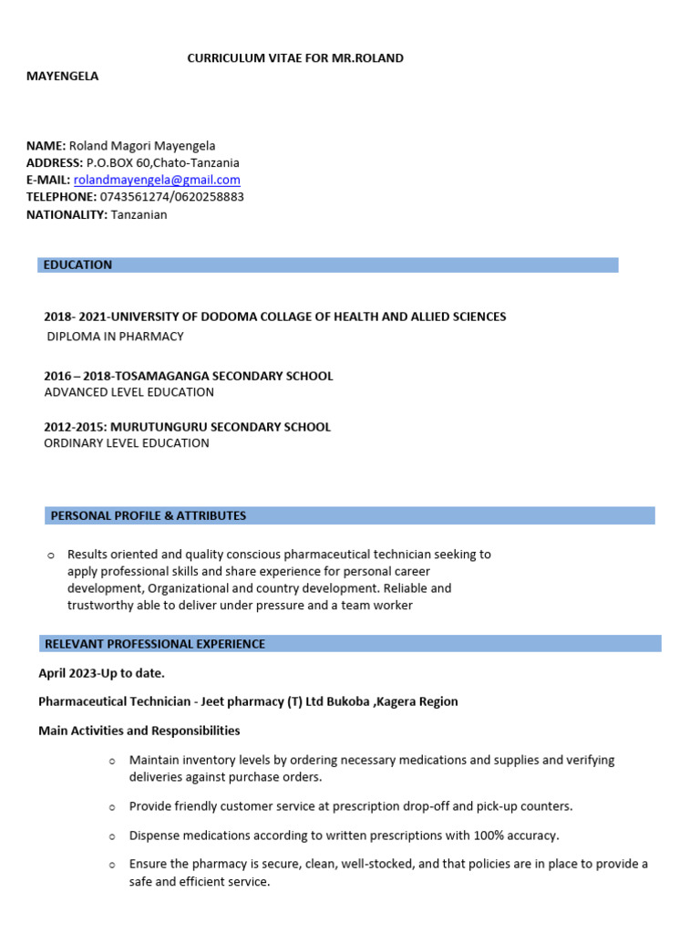 CURRICULUM VITAE FOR ROLAND MAYENGELA Word - Final | PDF | Pharmacy | Medical Prescription