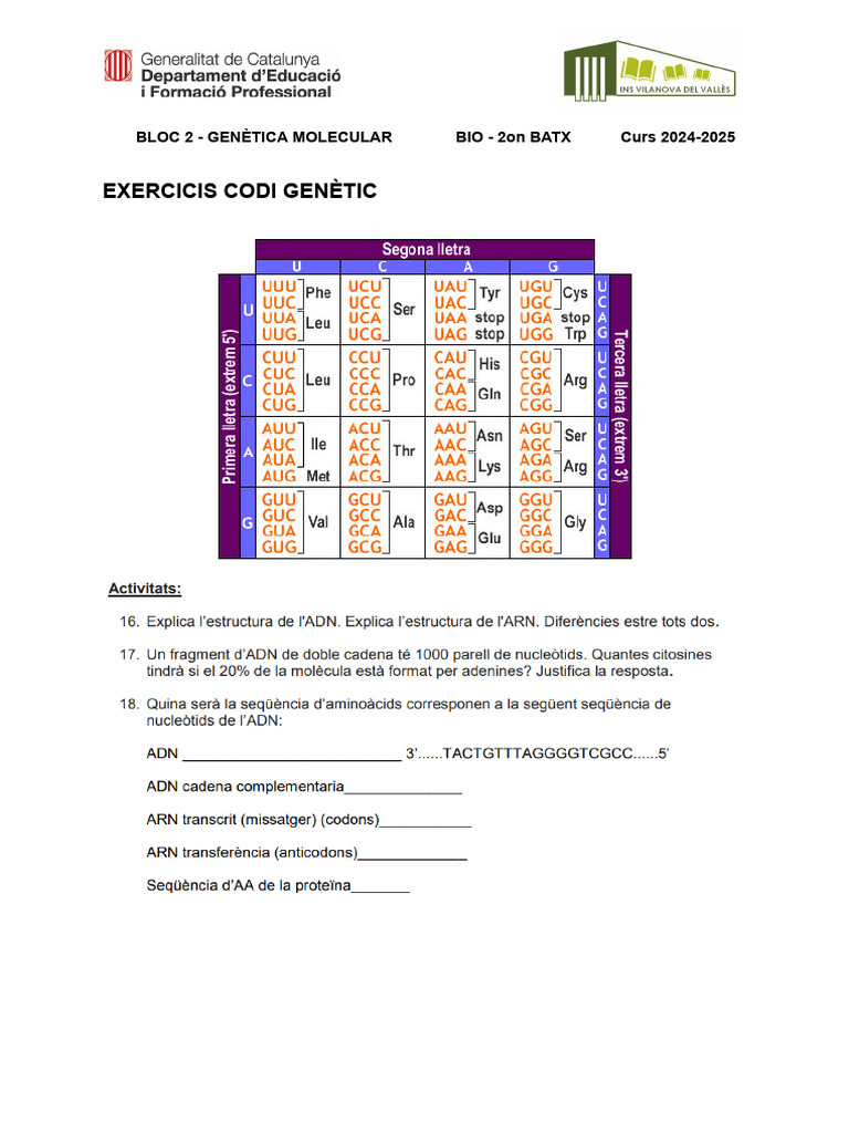 Exercicis CODI GENÈTIC 24-25 | PDF