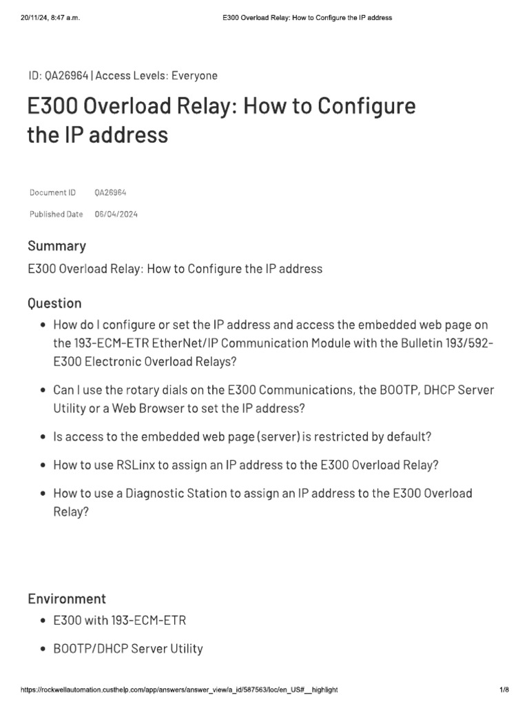 E300 Overload Relay - How To Configure The IP Address | PDF