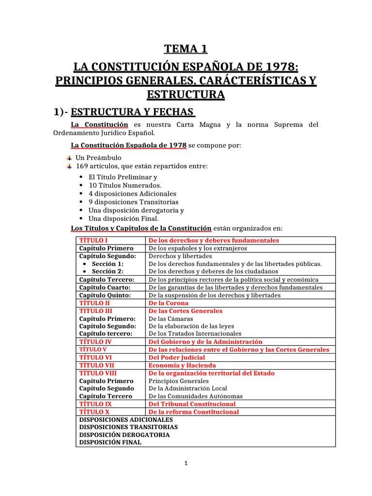 Tema 1. La Constitución Española de 1978. Principios Generales, Características y Estructura ...