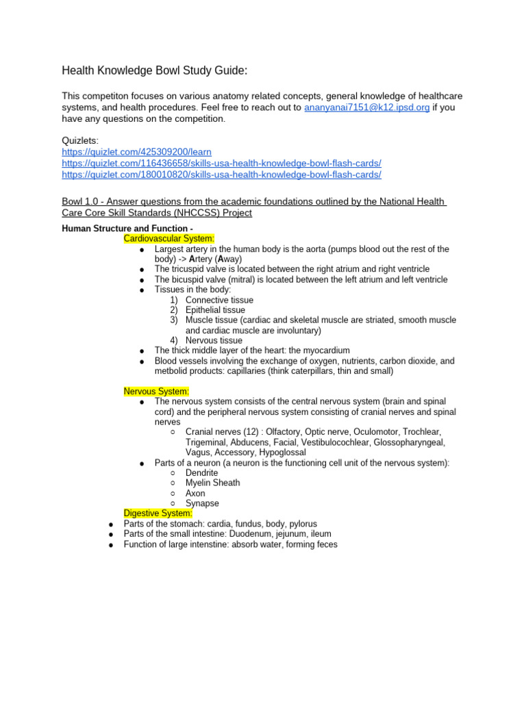 Health Knowledge Bowl Study Guide | PDF | Heart | Anatomical Terms Of Motion