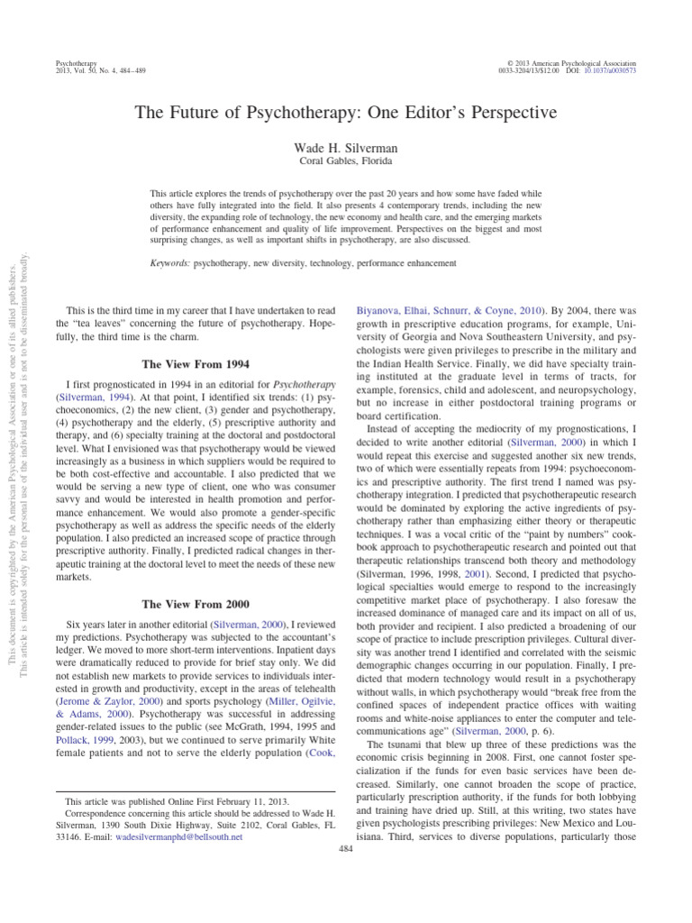 The Future of Psychotherapy: One Editor's Perspective | PDF ...