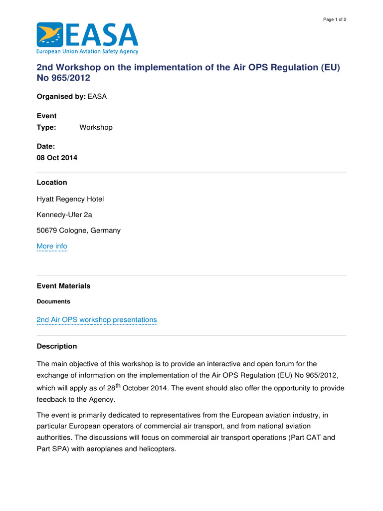 EASA Workshop on Air OPS Regulation 965/2012 | PDF