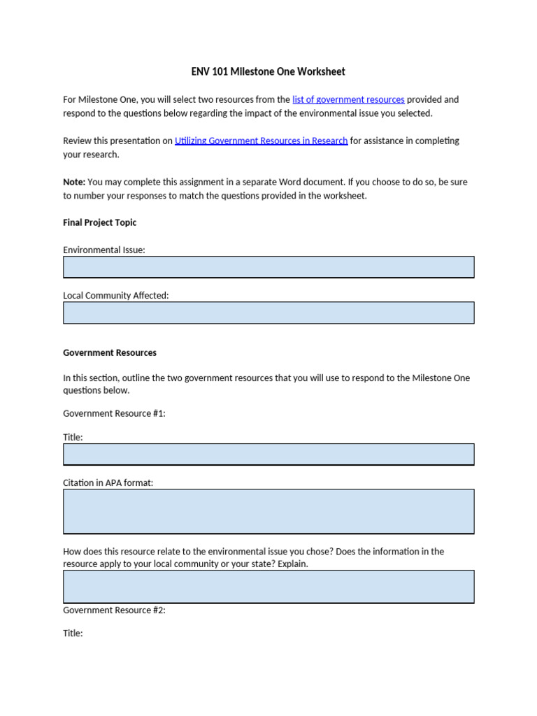 ENV 101 Milestone One Worksheet | PDF | Natural Environment ...