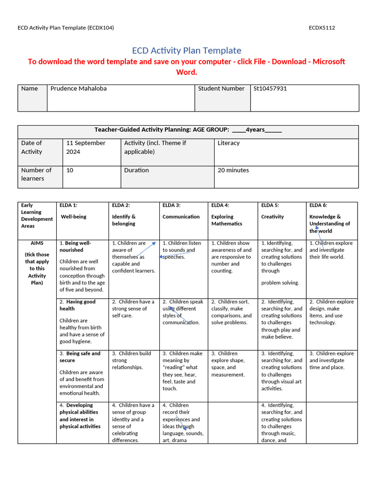 ECD Activity Plan for 4-Year-Olds | PDF | Communication | Psychological ...
