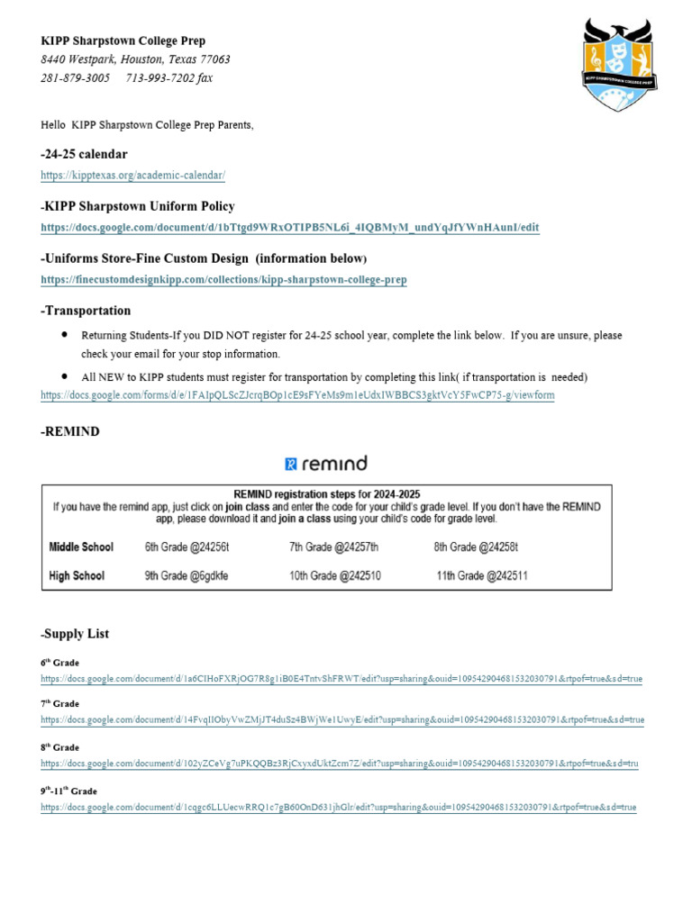 24-25 KIPP Sharpstown College Prep Parent Information | PDF