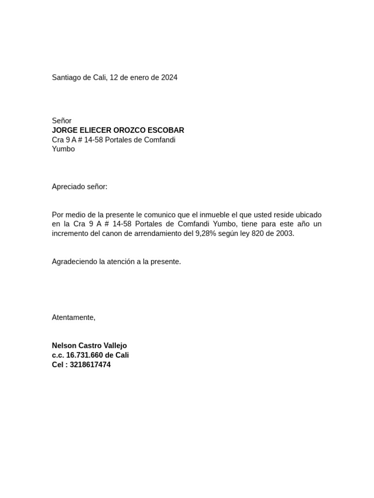 Carta Arrendo Incremento 2024 | PDF