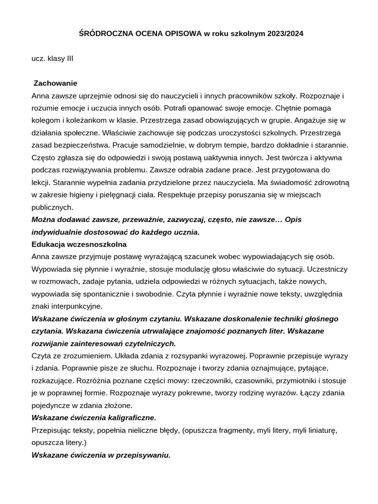 Śródroczna Ocenia Opisowa Klasa 3 2019 - 2020 | PDF