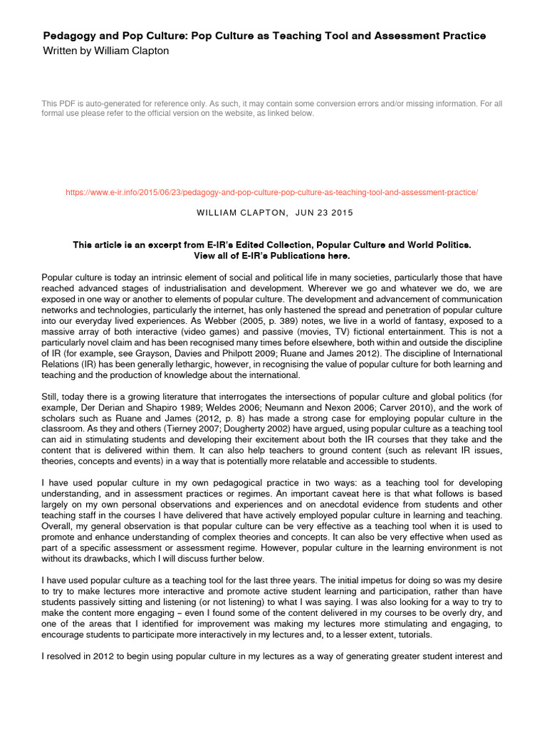 Pop Culture as Teaching Tooé and Assessment Practice | PDF | Lecture ...