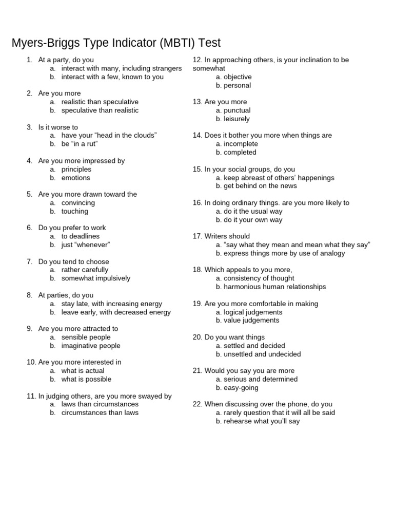 Myers-Briggs Type Indicator (MBTI) Test | PDF