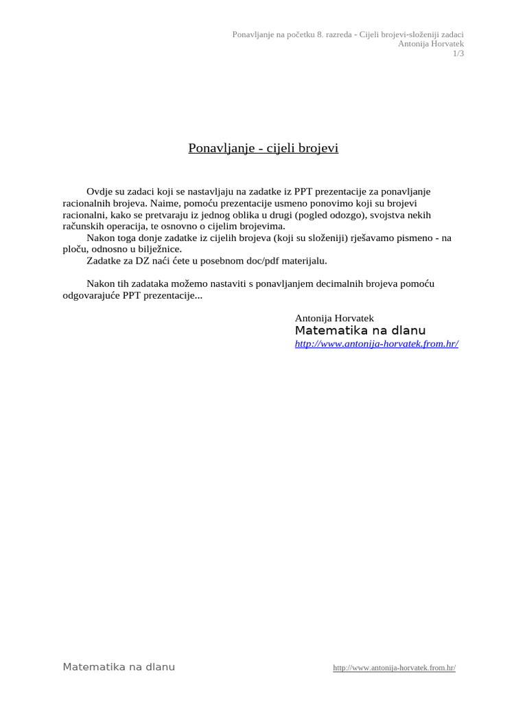 2 Cijeli Brojevi Slozeniji Zadaci Ponavljanje | PDF