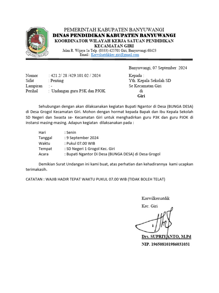 SURAT UNDANGAN Guru P3K Dan PJOK | PDF