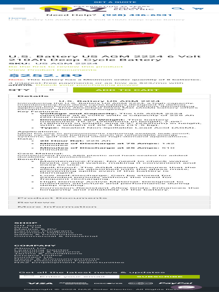 U.S. Battery US AGM 2224 6 Volt 210Ah Battery NAZ Solar Electric | PDF | Energy Storage ...