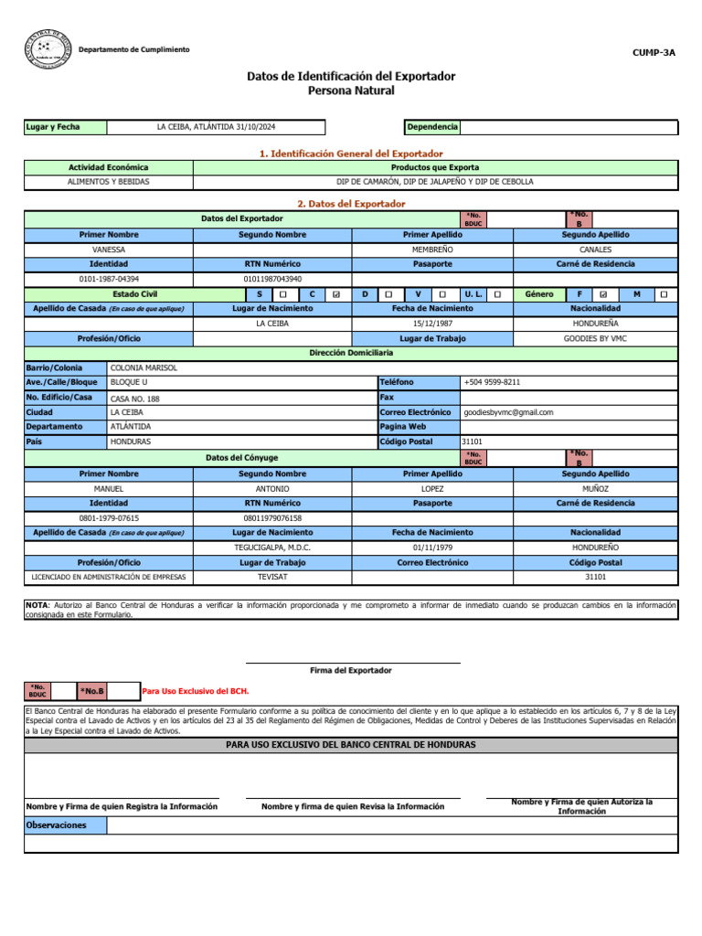 CUMP-3A Formulario Datos de Identificación del Exportador - Persona Natural | PDF | Honduras