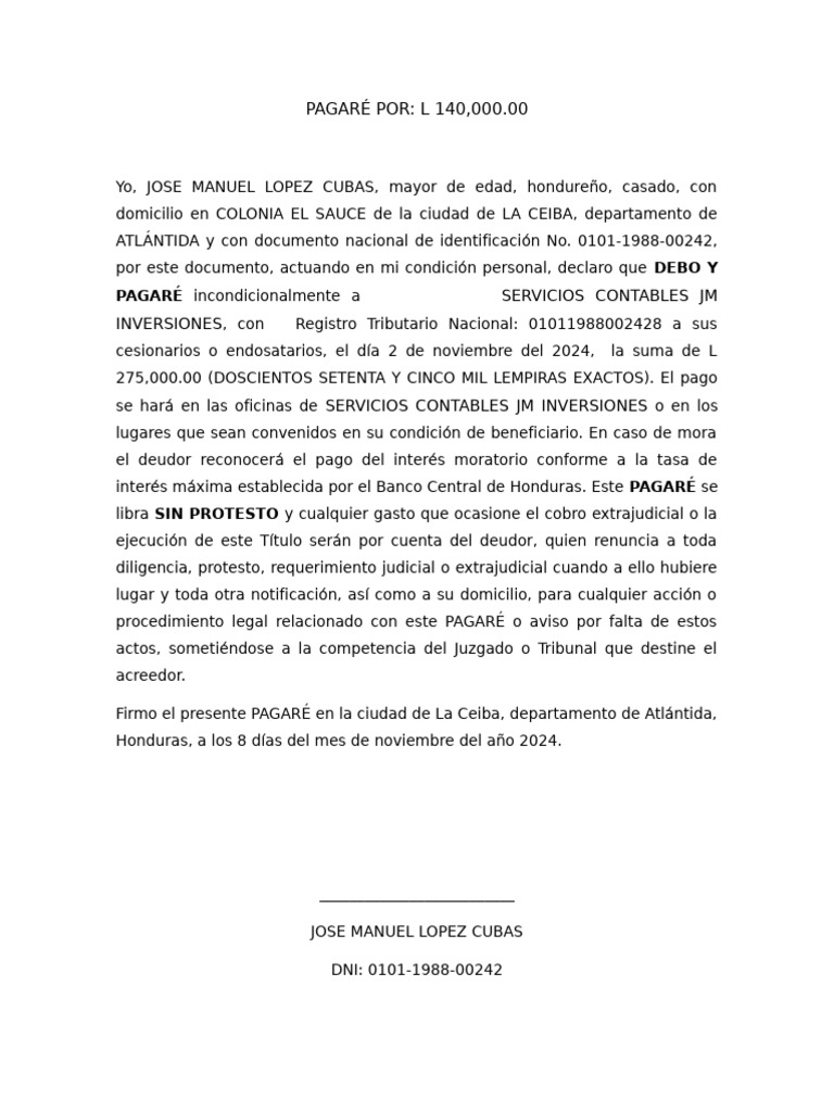 Pagaré de L 275,000 en La Ceiba | PDF