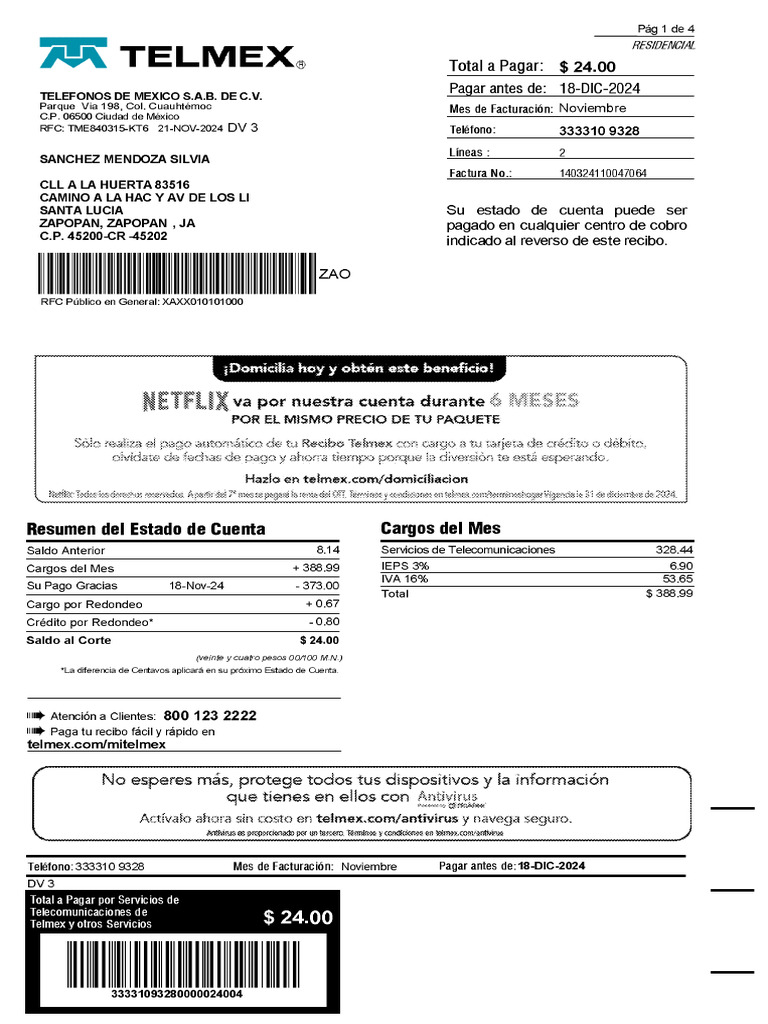 Recibo Telmex | PDF