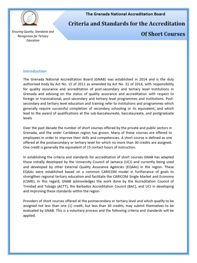 Criteria and Standards For Short Course Accreditation | PDF | Learning