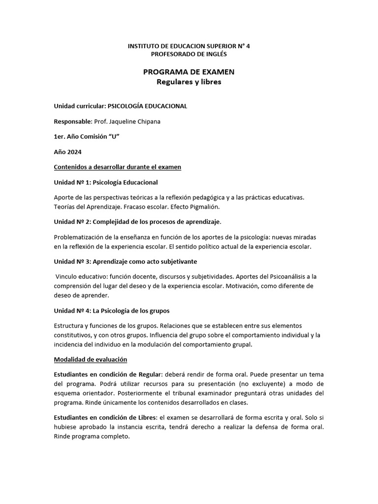 Programa Ex Psicologia Educaciona Inglés 2024 | PDF | Sicología ...