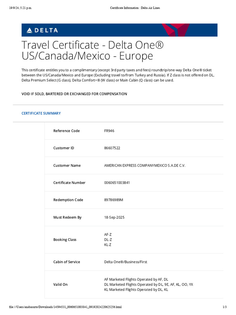 Certificate_ Delta Air Lines 3 | PDF | Fee | Delta Air Lines