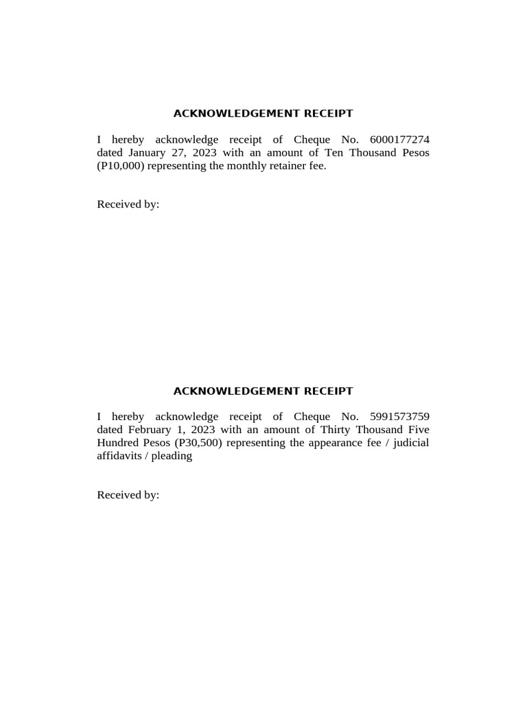 Acknowledgment Receipt - Blank For Cheques | PDF