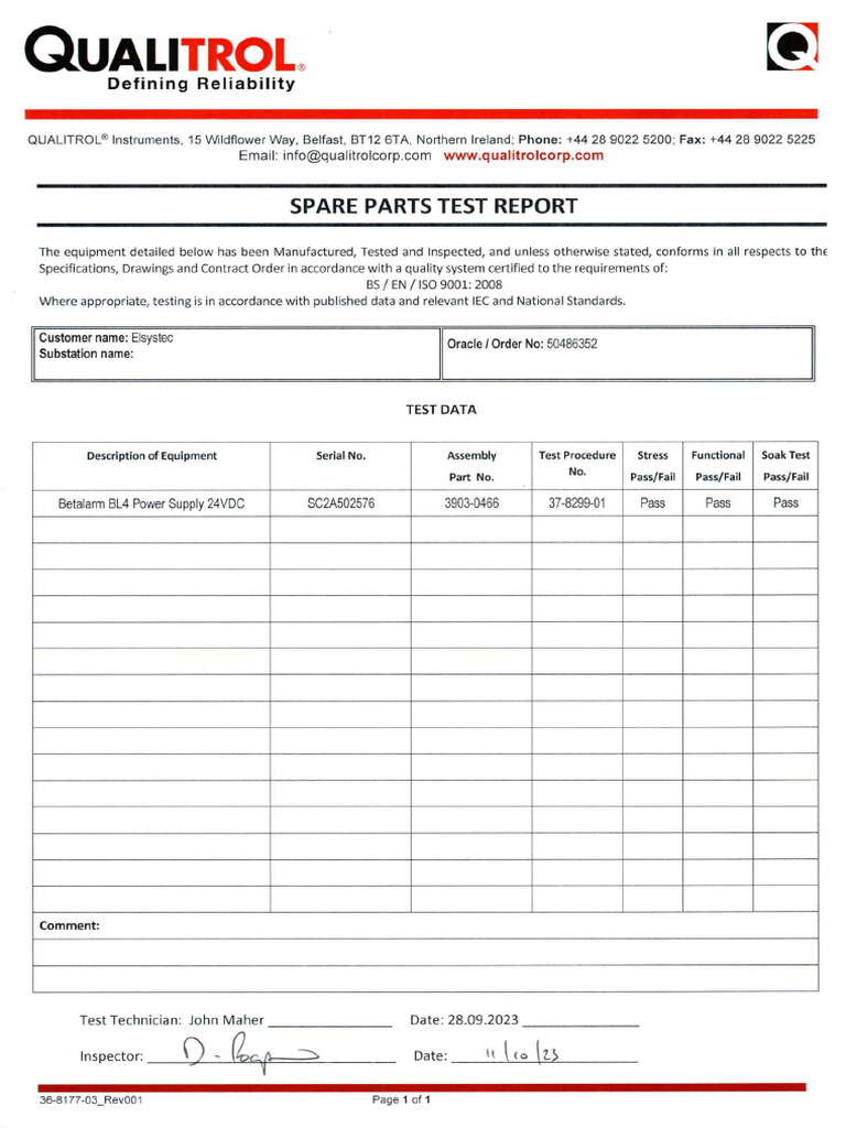 Spare Parts Test Report | PDF