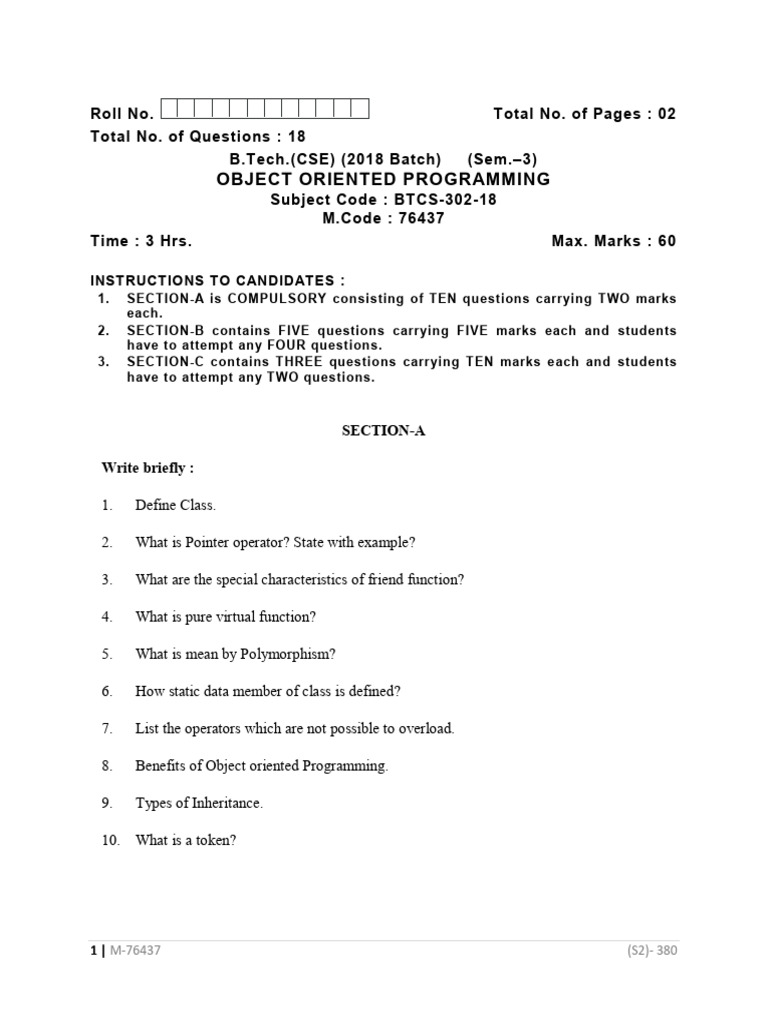 Btech Cse 3 Sem Object Oriented Programming 76437 Nov 2019 | PDF