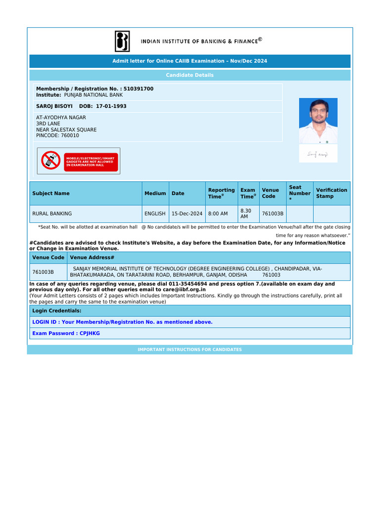 Iibf Admit Card 510391700 | PDF | Identity Document