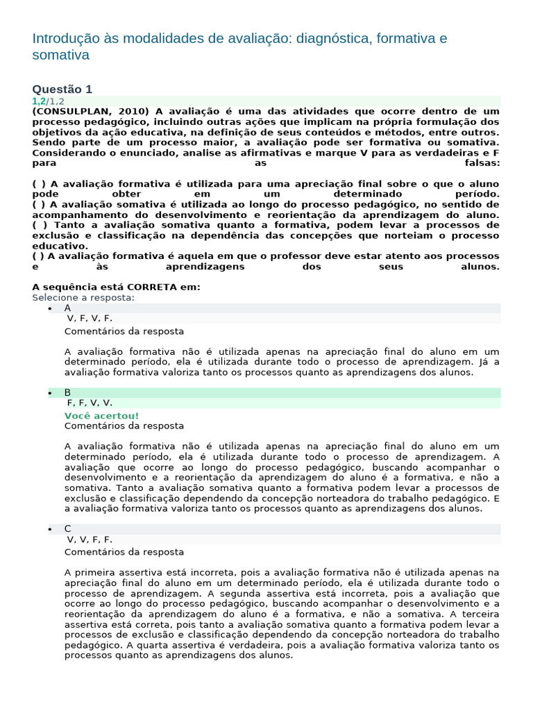 ATIVIDADE Introdução às modalidades de avaliação diagnóstica, formativa ... ATIVIDADE Introdução às modalidades de avaliação diagnóstica, formativa ...