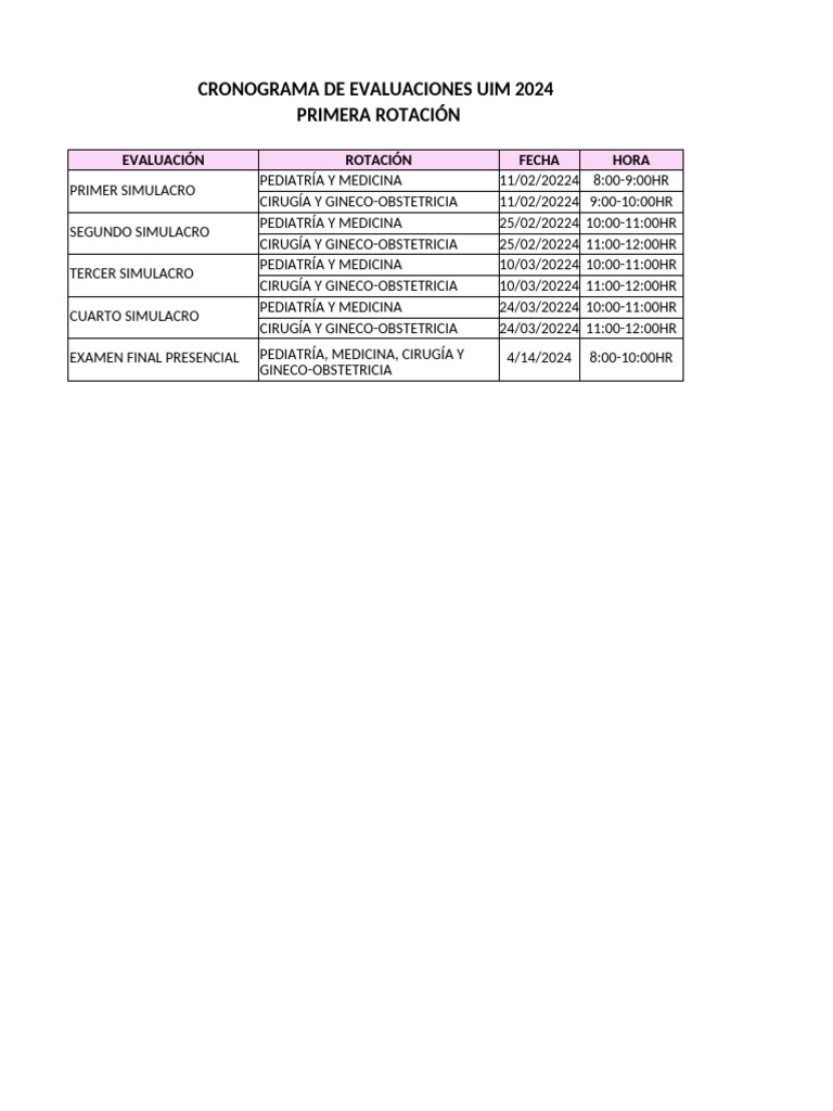 Cronograma de Exámenes 2024 Uim-Fmh-Usmp | PDF