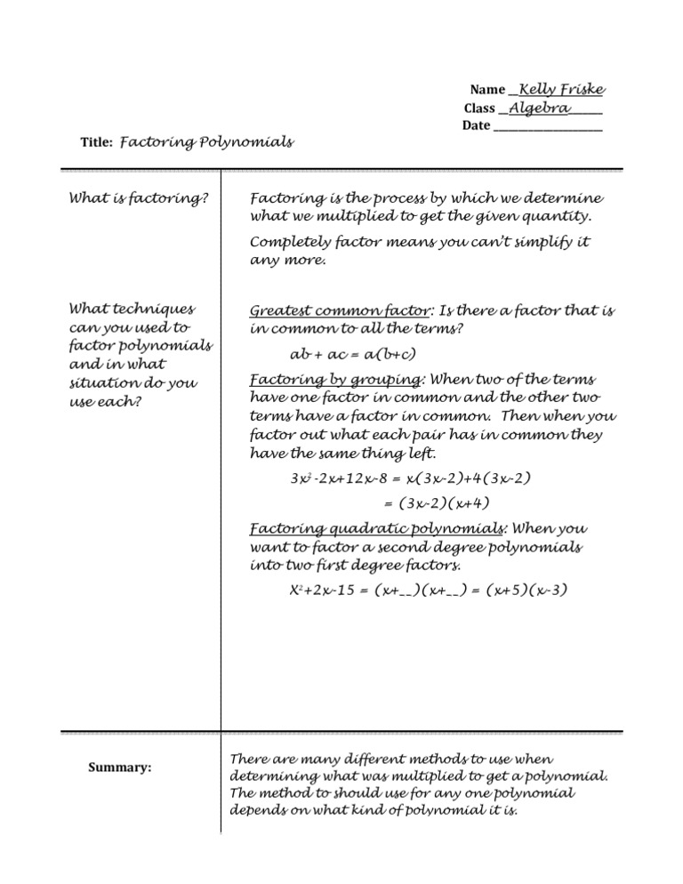 Polynomial Factoring Cornell Notes | PDF