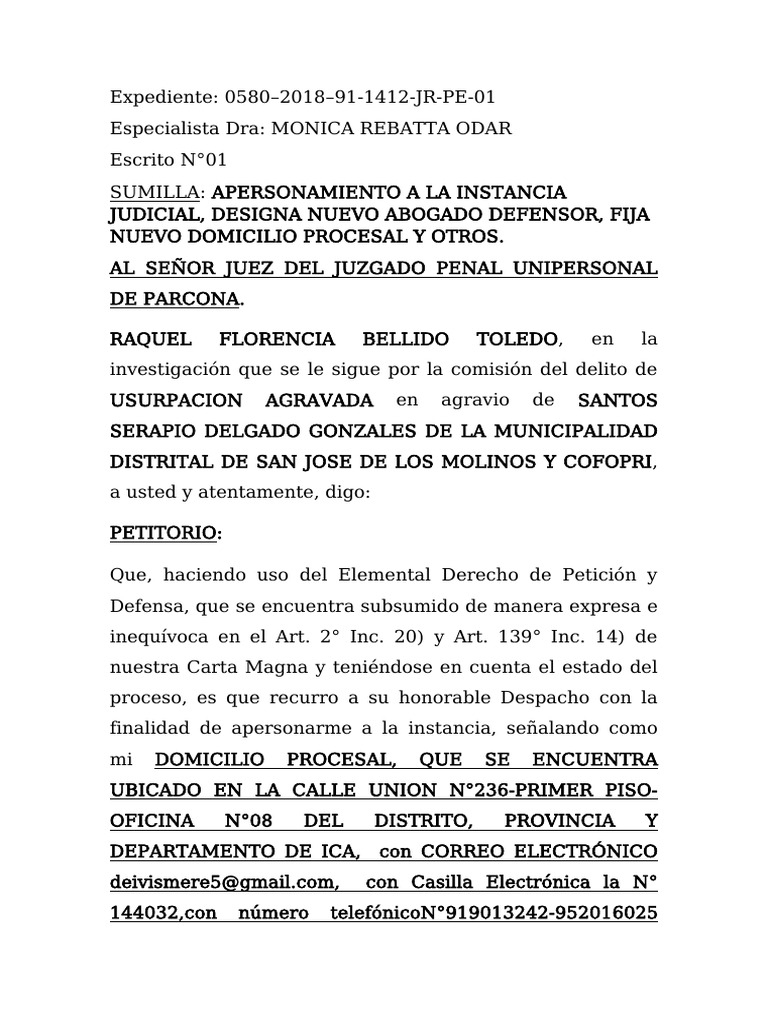 Apersonamiento A La Instancia Judicial, Designa Nuevo Abogado Defensor, Fija Nuevo Domicilio ...
