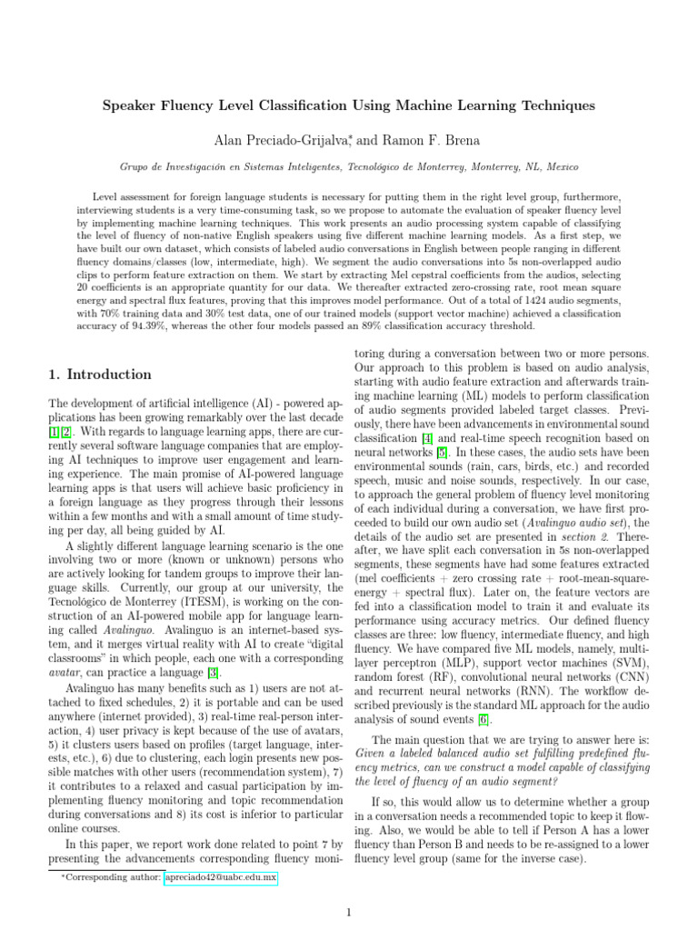 Speaker Fluency Level Classification Using Machine | PDF | Artificial Neural Network | Support ...