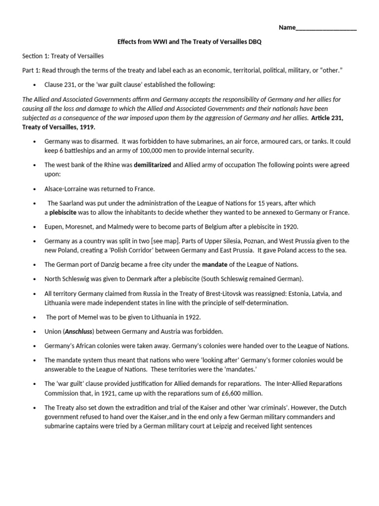 Effects From WWI and The Treaty of Versailles DBQ | PDF | Treaty Of ...