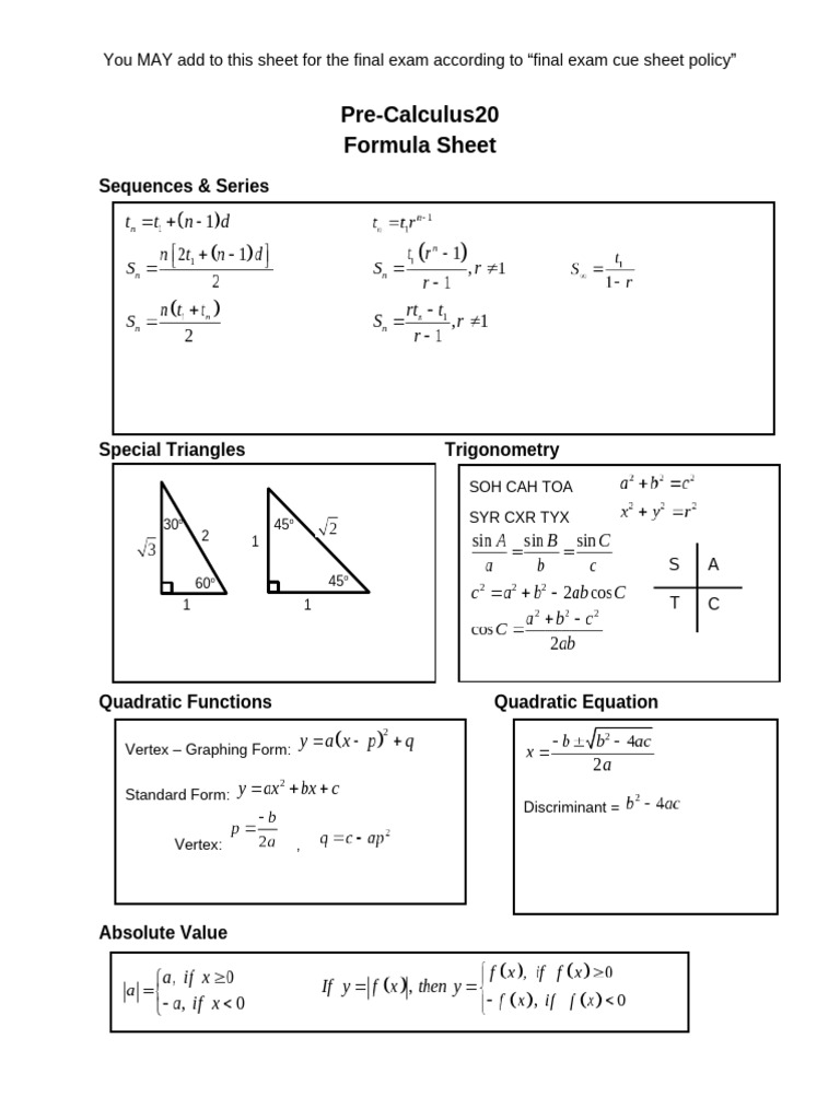 Pre Calc 20 Formula Sheet Maxwell | PDF