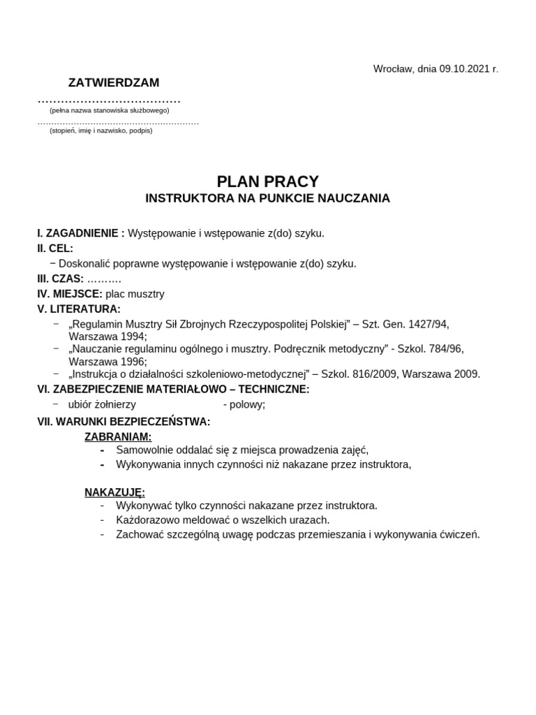 Plan Pracy Występowanie I Wstępowanie Zdo Szyku | PDF