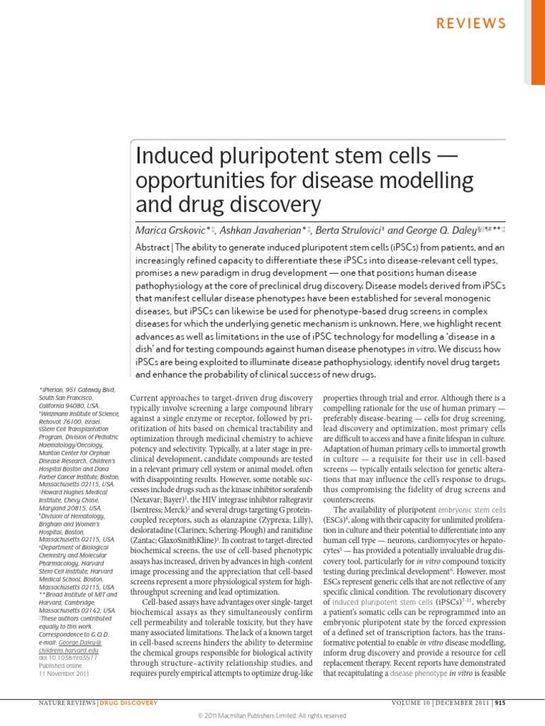 Induced pluripotent stem cells — opportunities for disease modelling and drug discovery | PDF ...