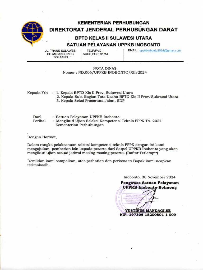 Nota Dinas Mengikuti tes PPPK | PDF