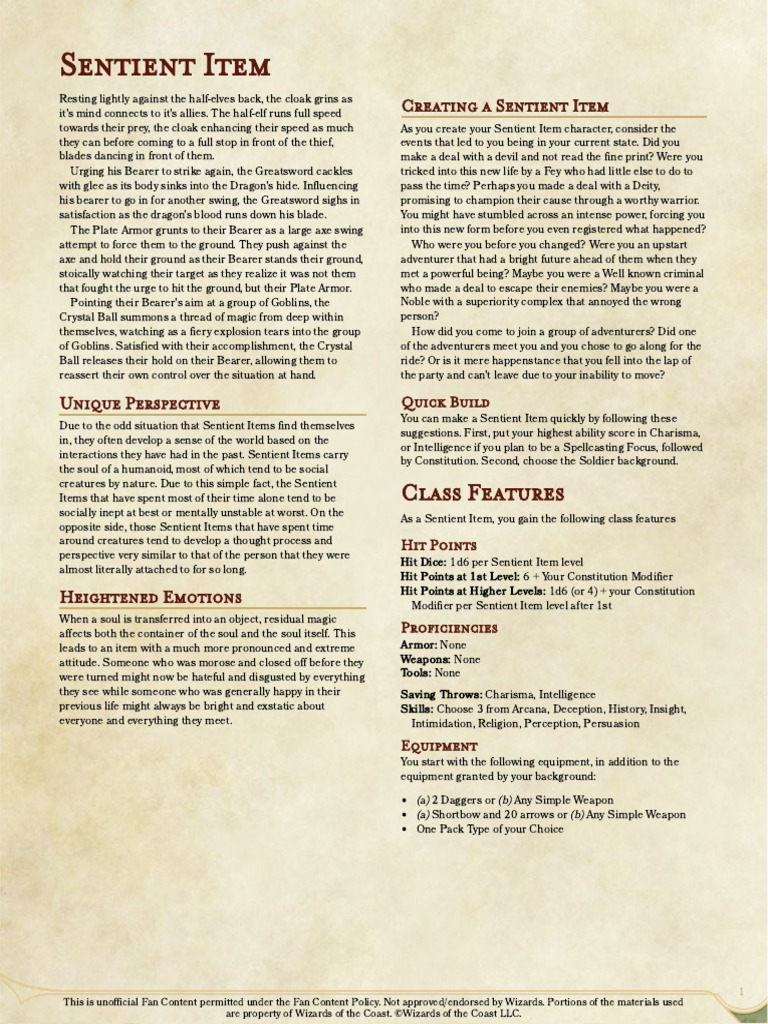 D&D 5e (Dylan Lundquist) Class Option - Sentient Item (OEF) (24!01!2019 ...
