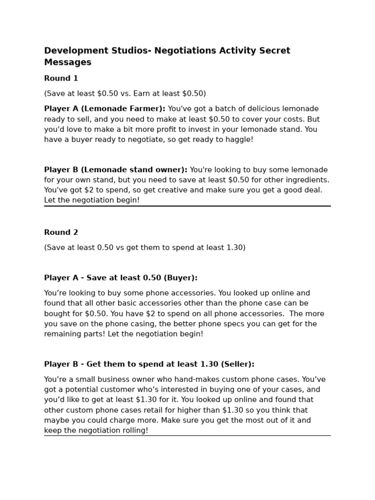 negotiations_activity_secret_messages | PDF | Sales | Prices