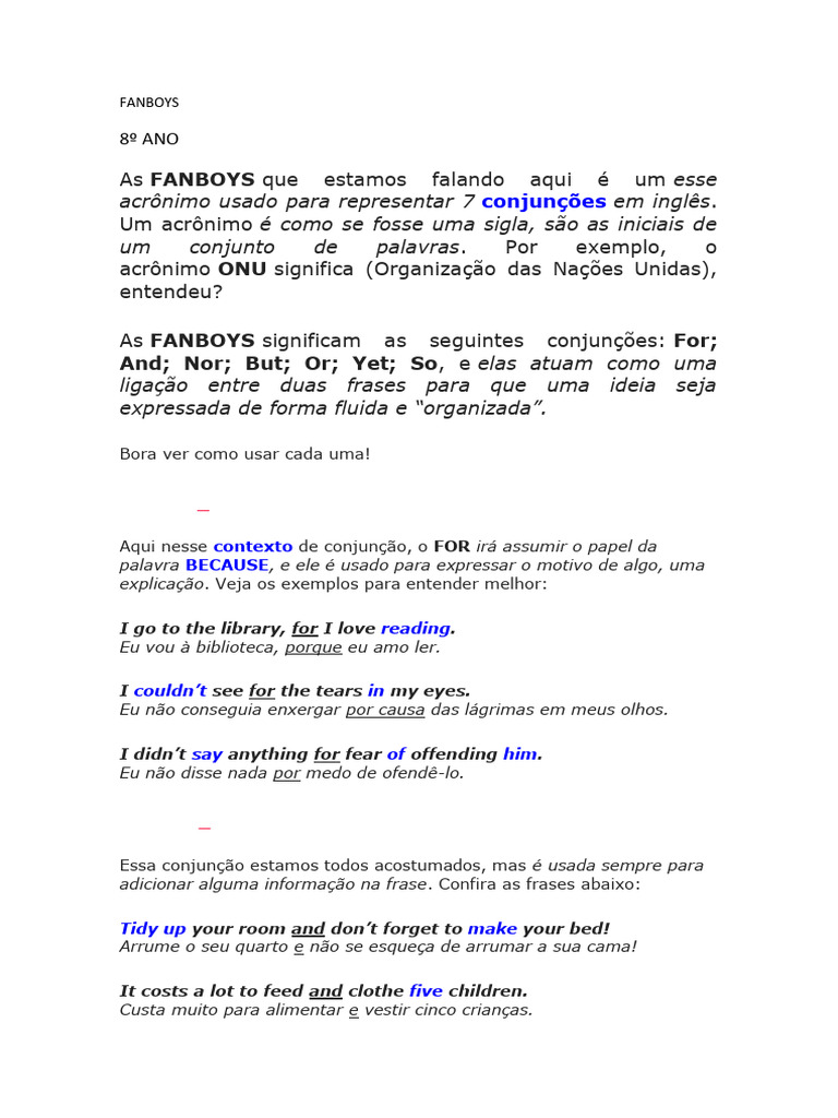 Conteúdo Avs - 8º Ano -3º BIM-FANBOYS | PDF | Linguística