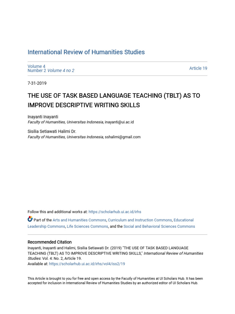 THE USE OF TASK BASED LANGUAGE TEACHING (TBLT) AS TO IMPROVE ...