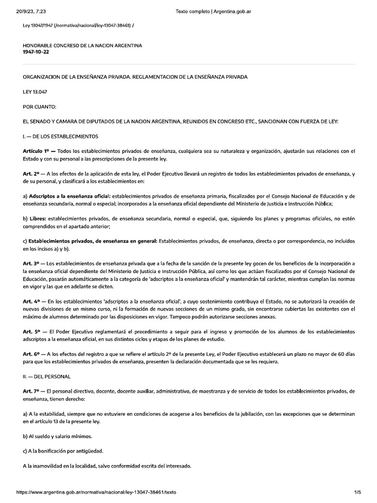Ley de Organización y Reglamentación de La Enseñanza Privada #13.047, 1947 | PDF