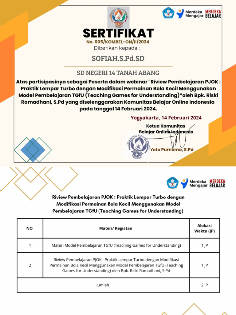 Sertifikat Sofiah.s.pd - SD Tgfu | PDF