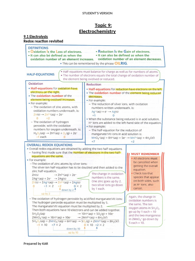 9.1 Electrolysis (Students Version) | PDF | Electrochemistry | Chemical ...