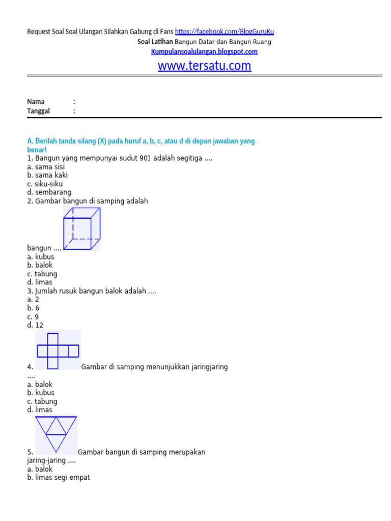 Soal Ulangan Harian Matematika Ktsp Kelas 5 Bab Bangun Datar Dan Bangun Ru | PDF