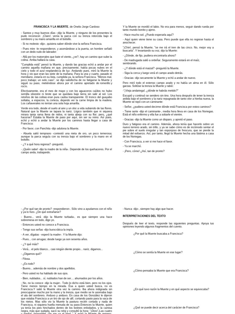 Lectura y Actividades Francisca y La Muerte. | PDF