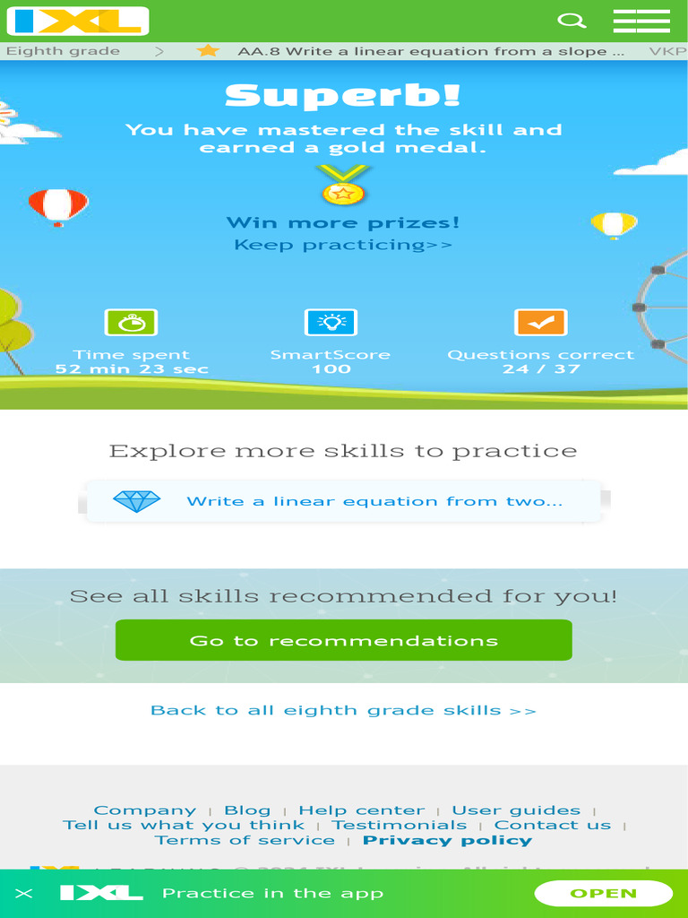 IXL Write A Linear Equation From A Slope and A Point 8th Grade Math | PDF