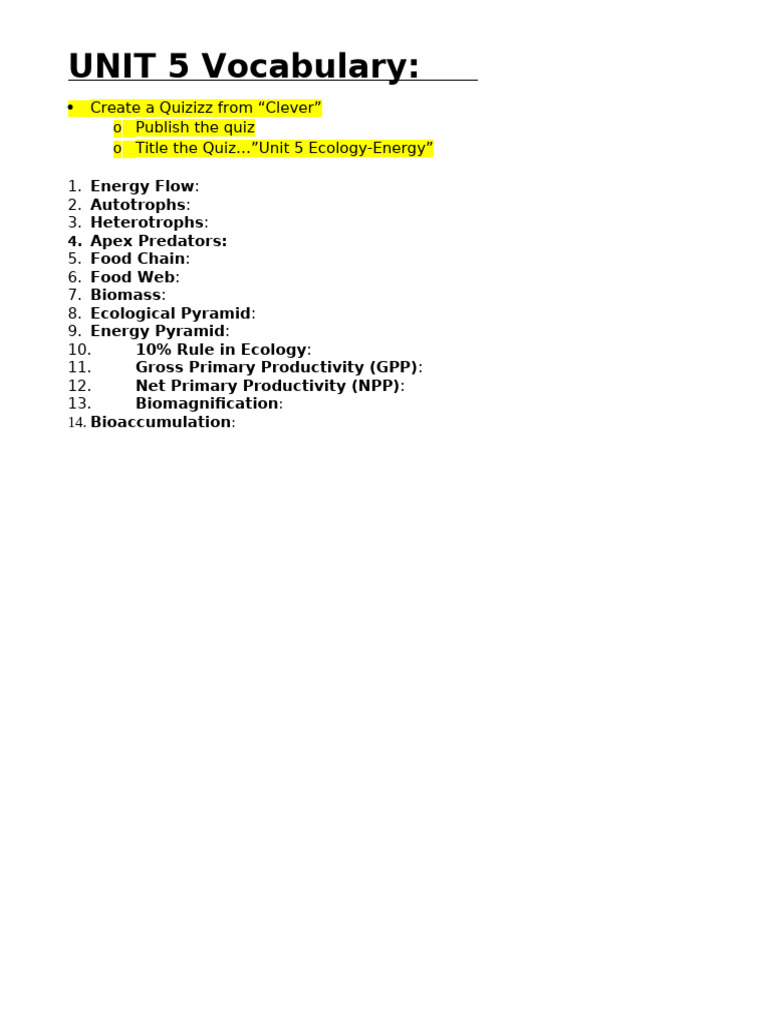 Unit 5 Vocabulary List | PDF