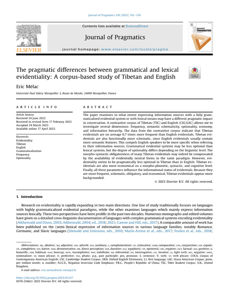 The Pragmatic Differences Between Grammatical and Lexical Evidentiality A Corpus-Based Study of ...