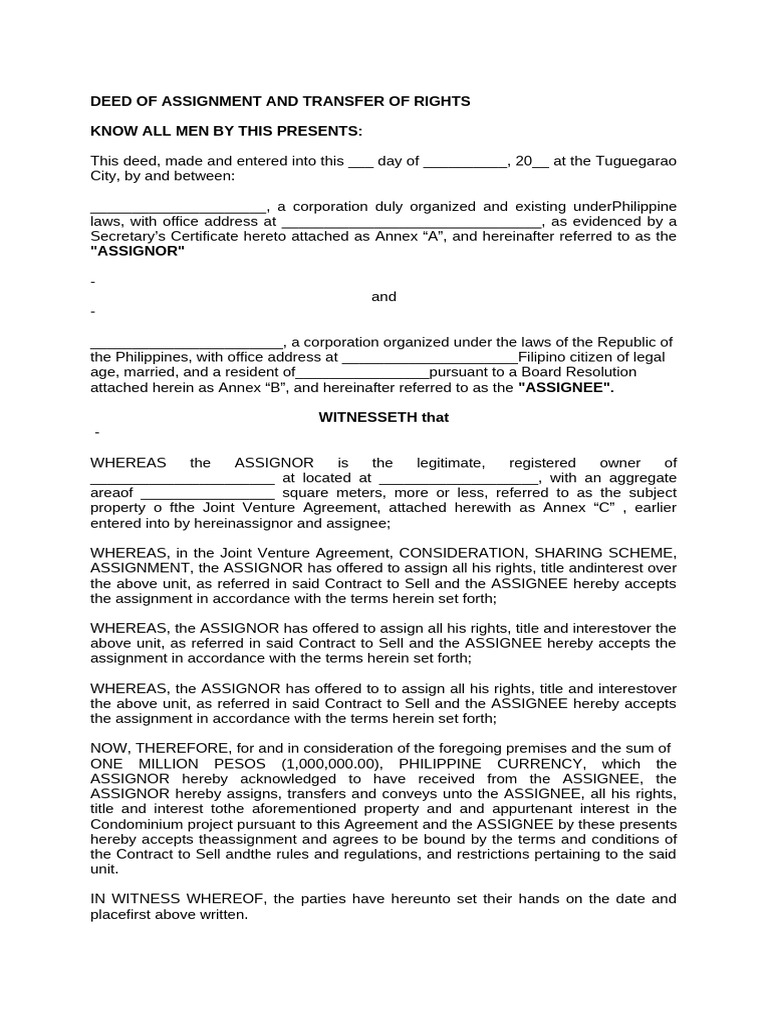 Deed of Assignment and Transfer of Rights | PDF | Assignment (Law ...